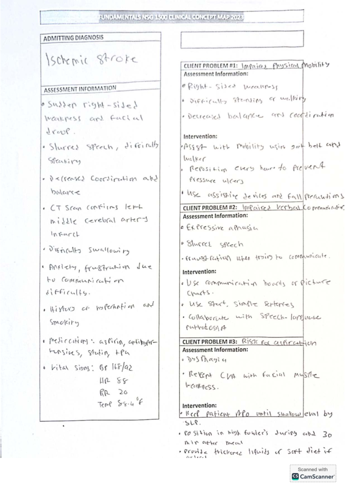 FUNDAMENTALS NSG 1500 CLINICAL CONCEPT MAP: Ischemic Stroke Care Plan ...