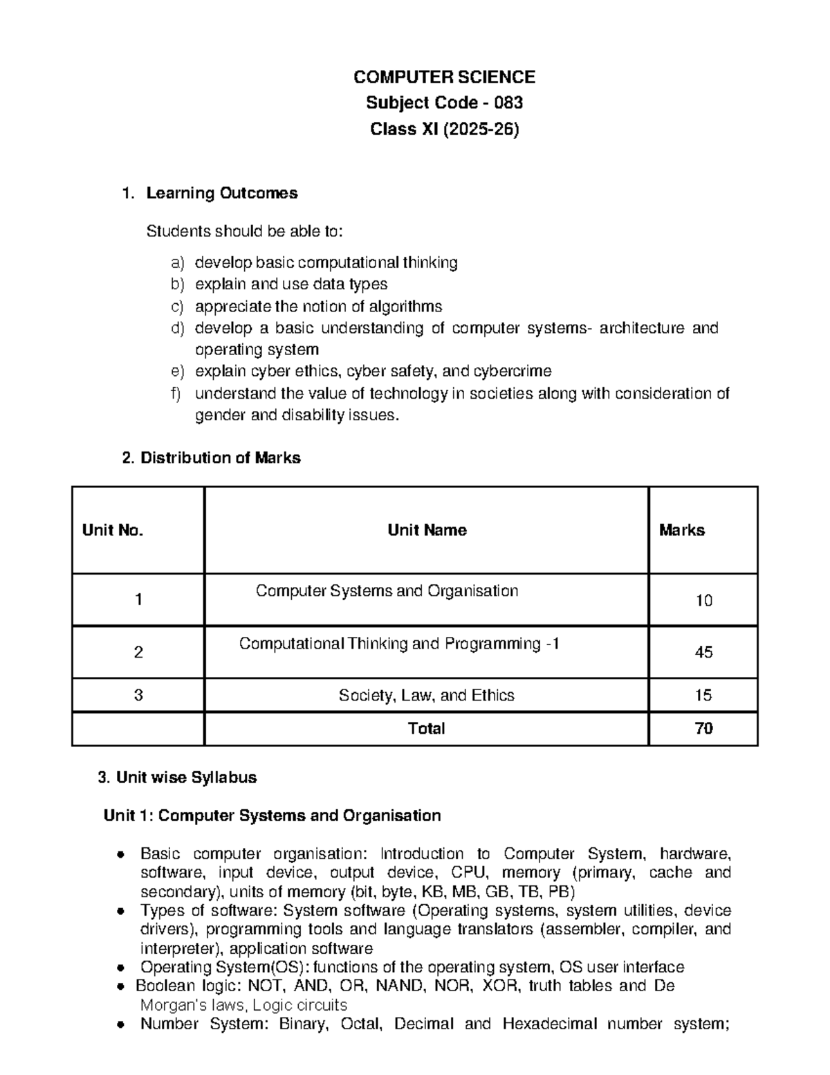 Class XI,XII Curriculum Computer Science 2025-26 - COMPUTER SCIENCE Subject Code - 083 Class XI ...
