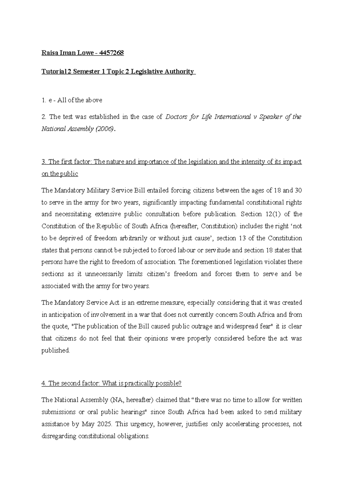 Tutorial 2 - Legislative Authority Scenario Analysis & Answers - Studocu
