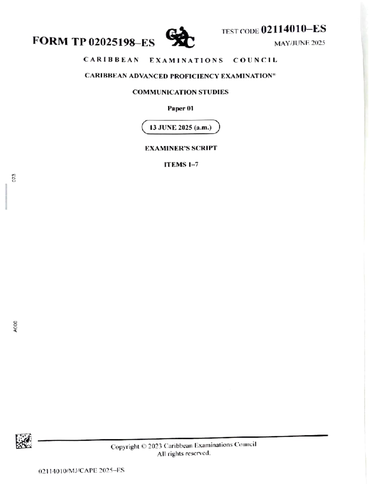 CAPE Communication Studies Exam Script 2025 - Paper 01 - Studocu