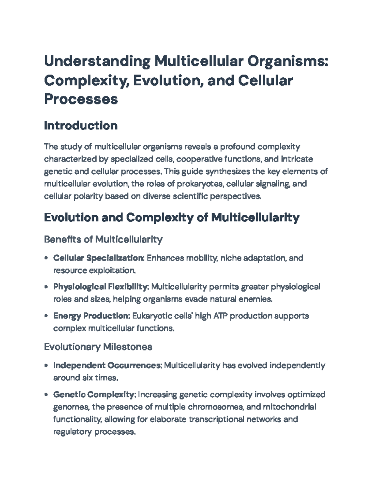 Understanding Multicellular Organisms: Complexity, Evolution ...