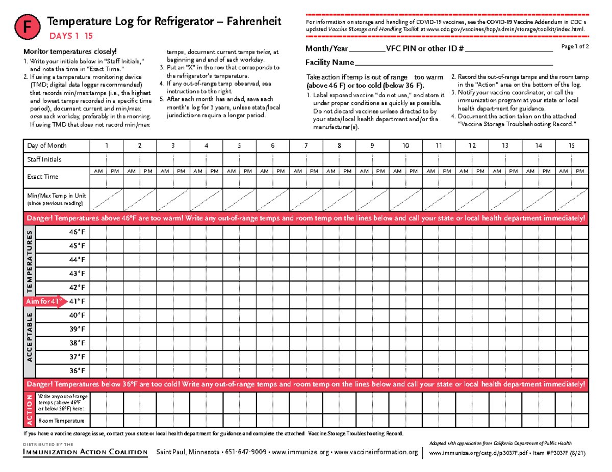 Temperature-Log-for-Refrigerator-–-Fahrenheit - Day of Month 1 2 3 4 5 ...