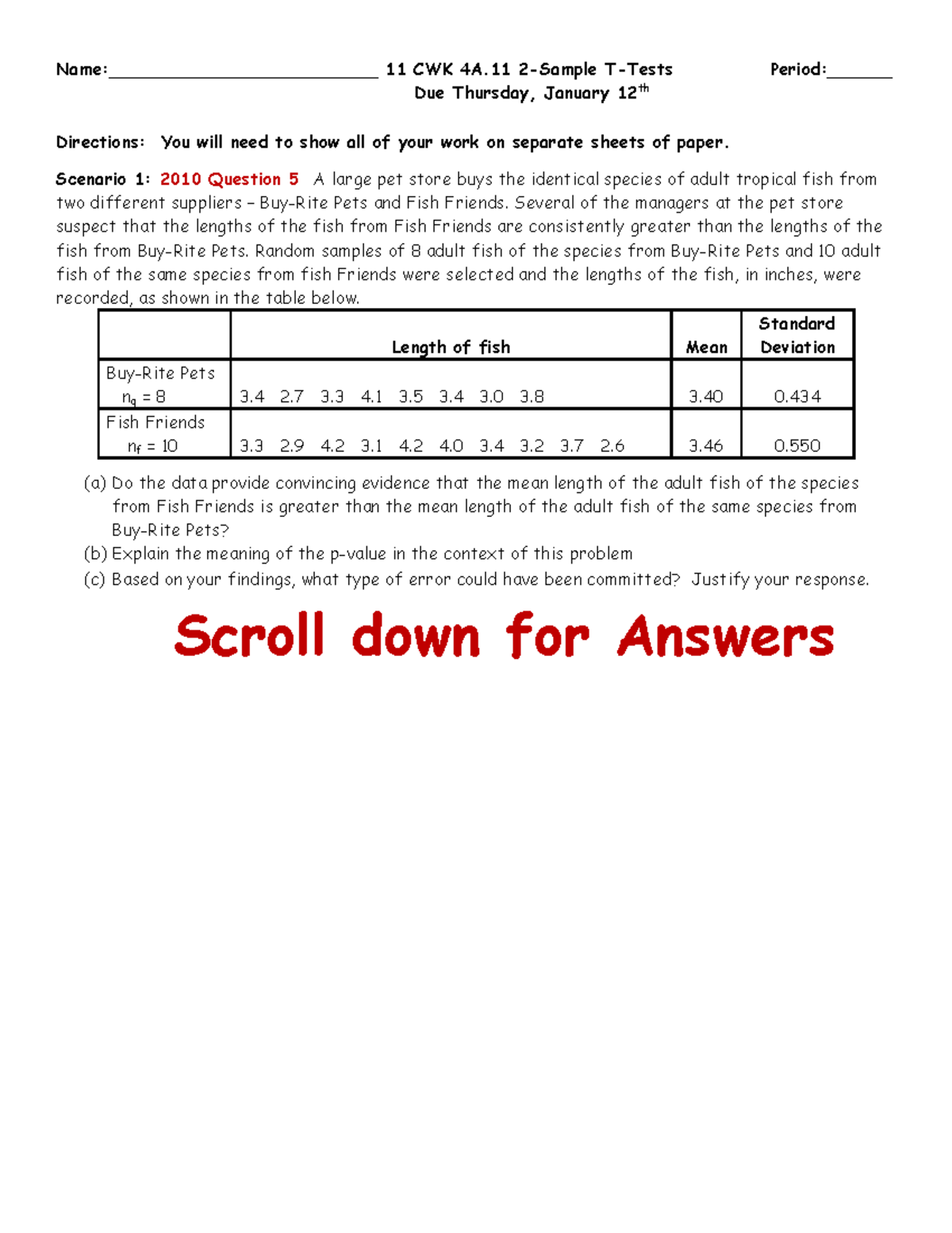 11 CWK 4A.11 2-Sample T-Tests Answers - Name ...