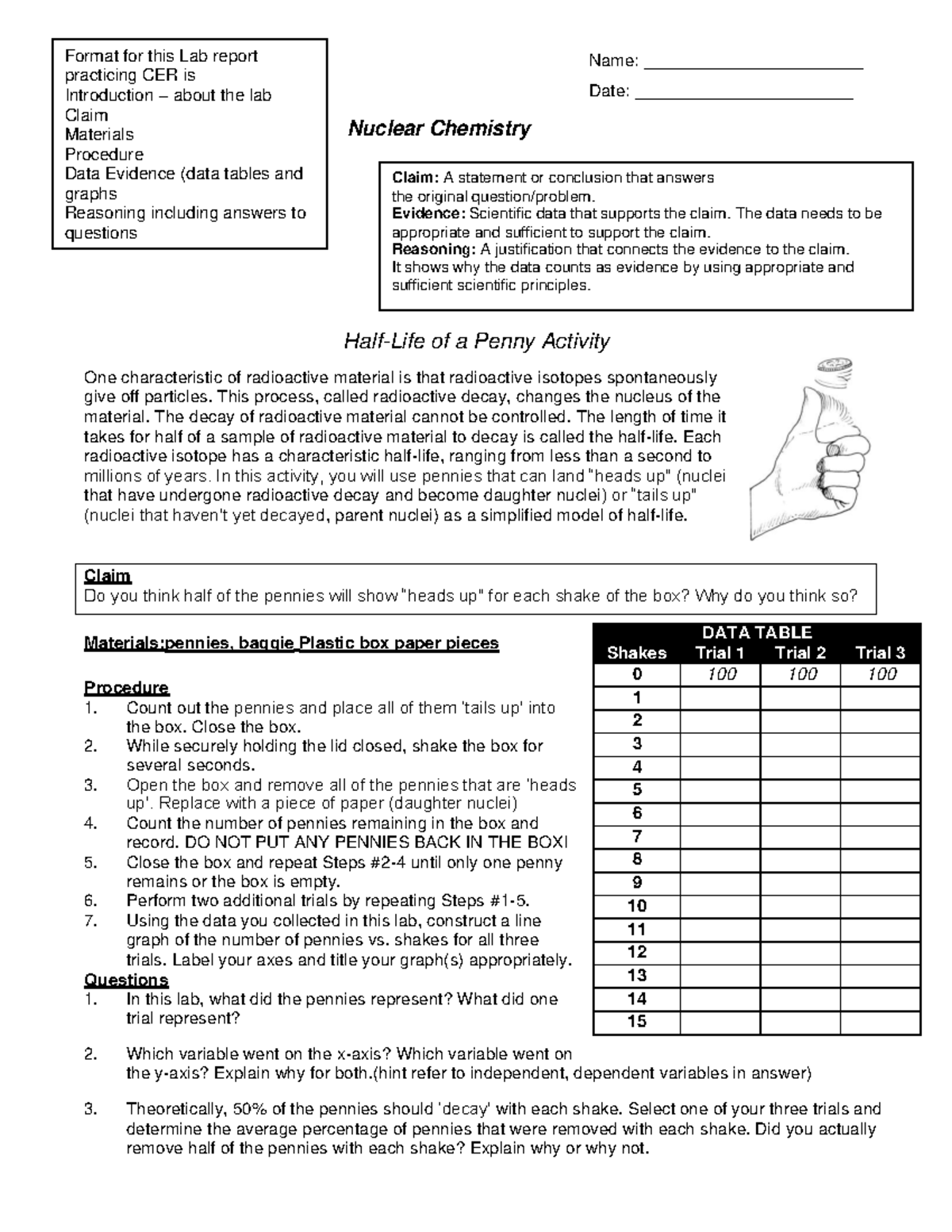 Chemistry Activity 2: Half-Life of a Penny Experiment - Studocu