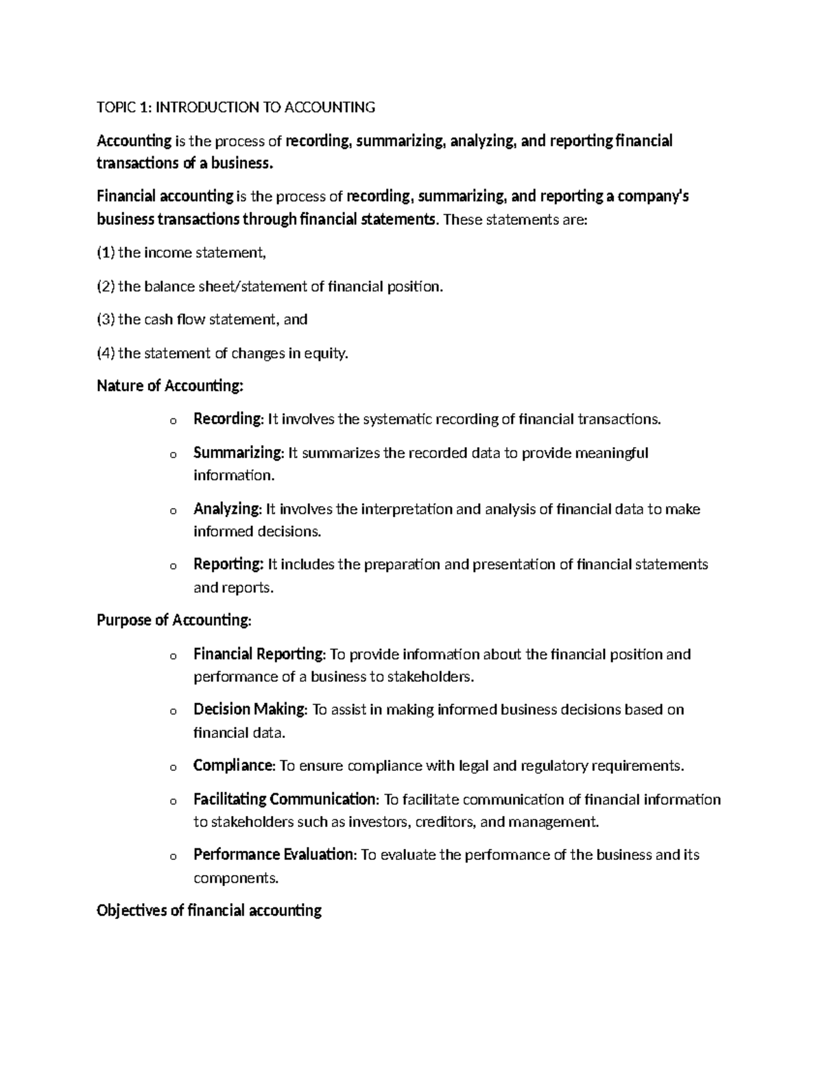 FA 1: Intro to Accounting - Key Concepts and Objectives - Studocu