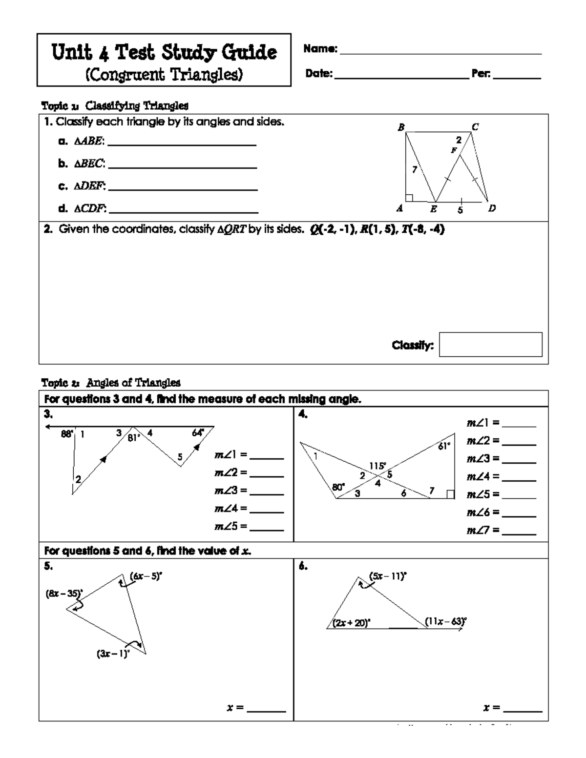 Chapter 5 Study Guide blank - Unit 4 Test Study Guide Name: (Congruent ...