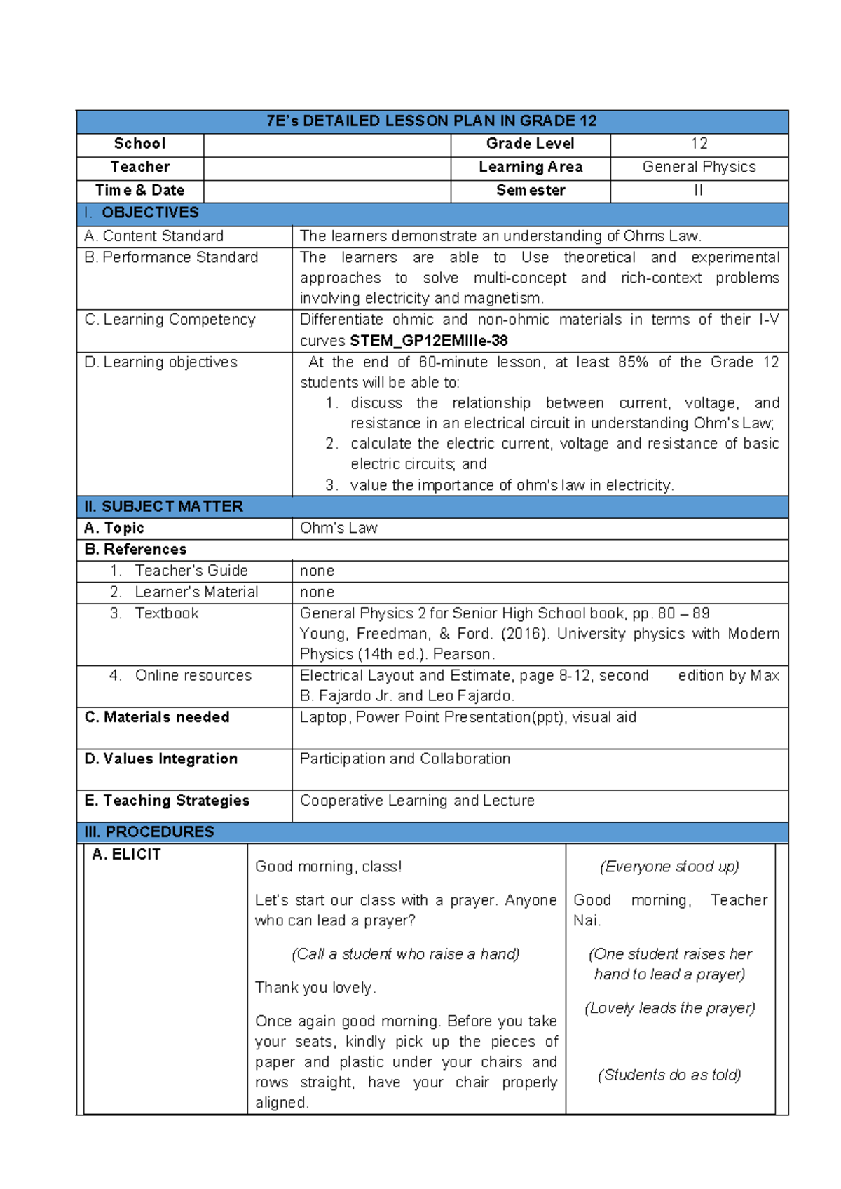 Detailed Lesson Plan on Ohm's Law for STEM_GP12EMIIIe - Grade 12 ...