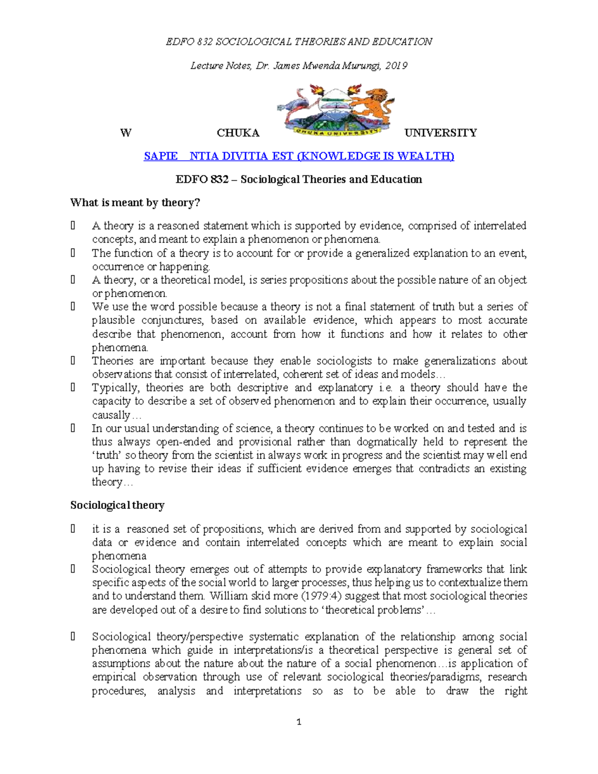 EDFO 832 Lecture Notes: Sociological Theories in Education by Dr ...