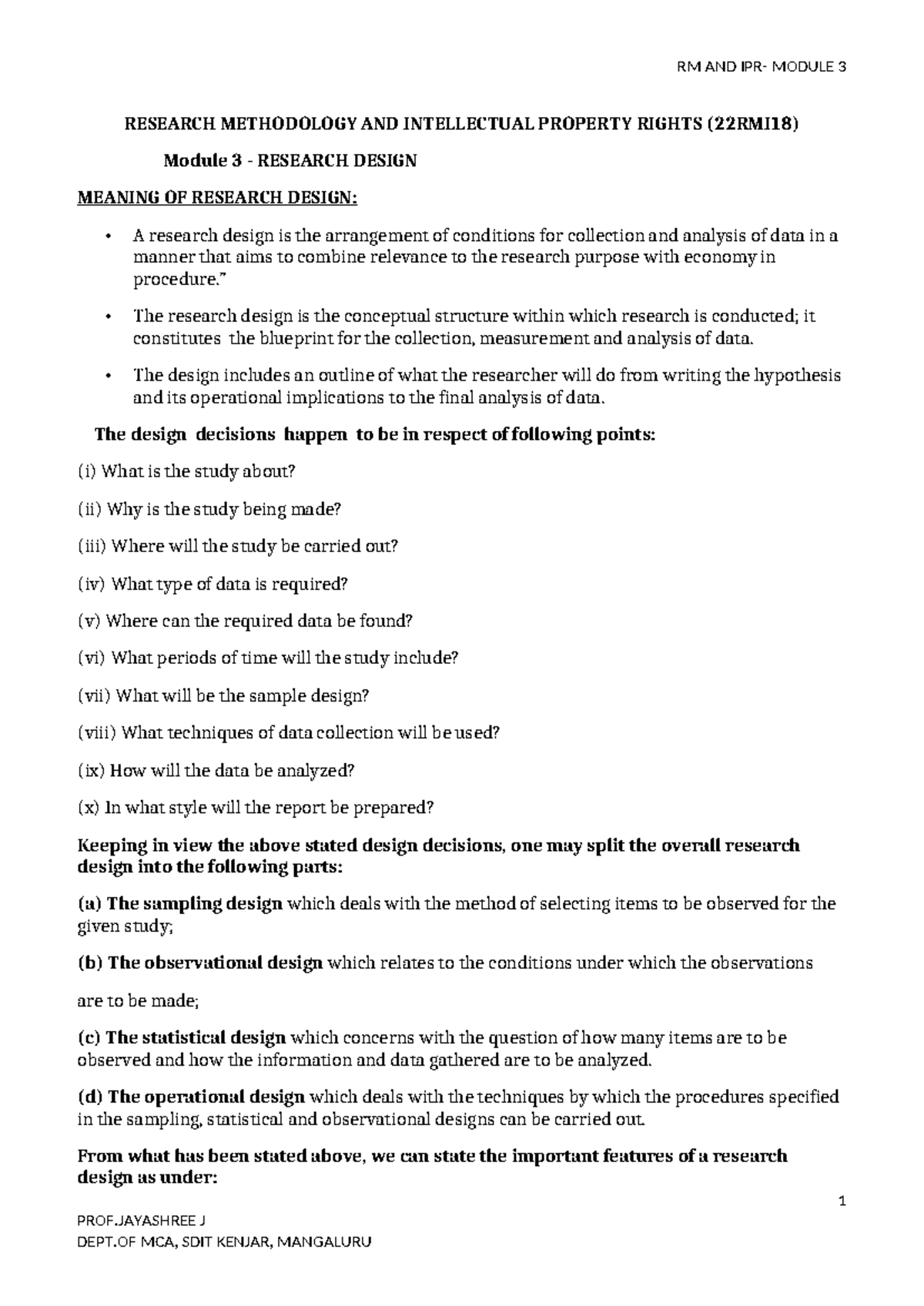 Module 3 Notes - Research Design & Methodology (22RMI18) - Studocu