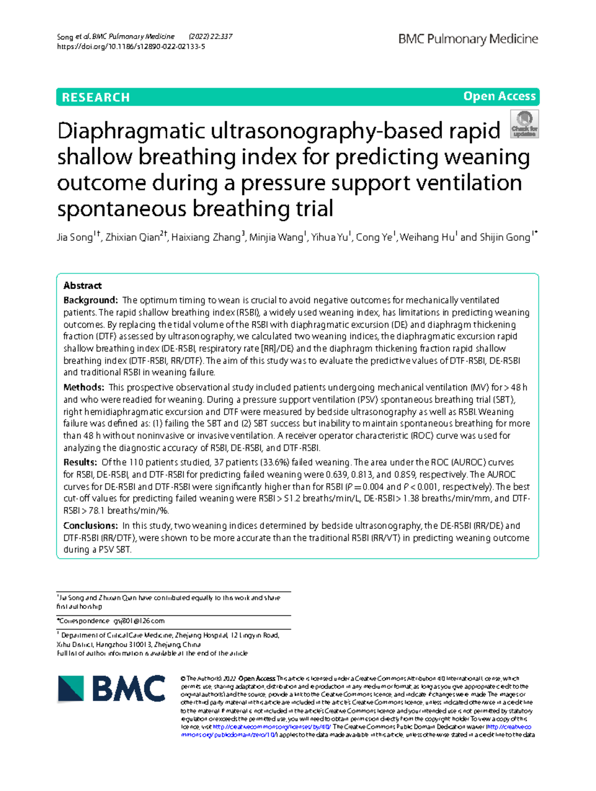 Diaphragmatic Ultrasound and RSBI in Weaning Outcomes: A Study (2022 ...