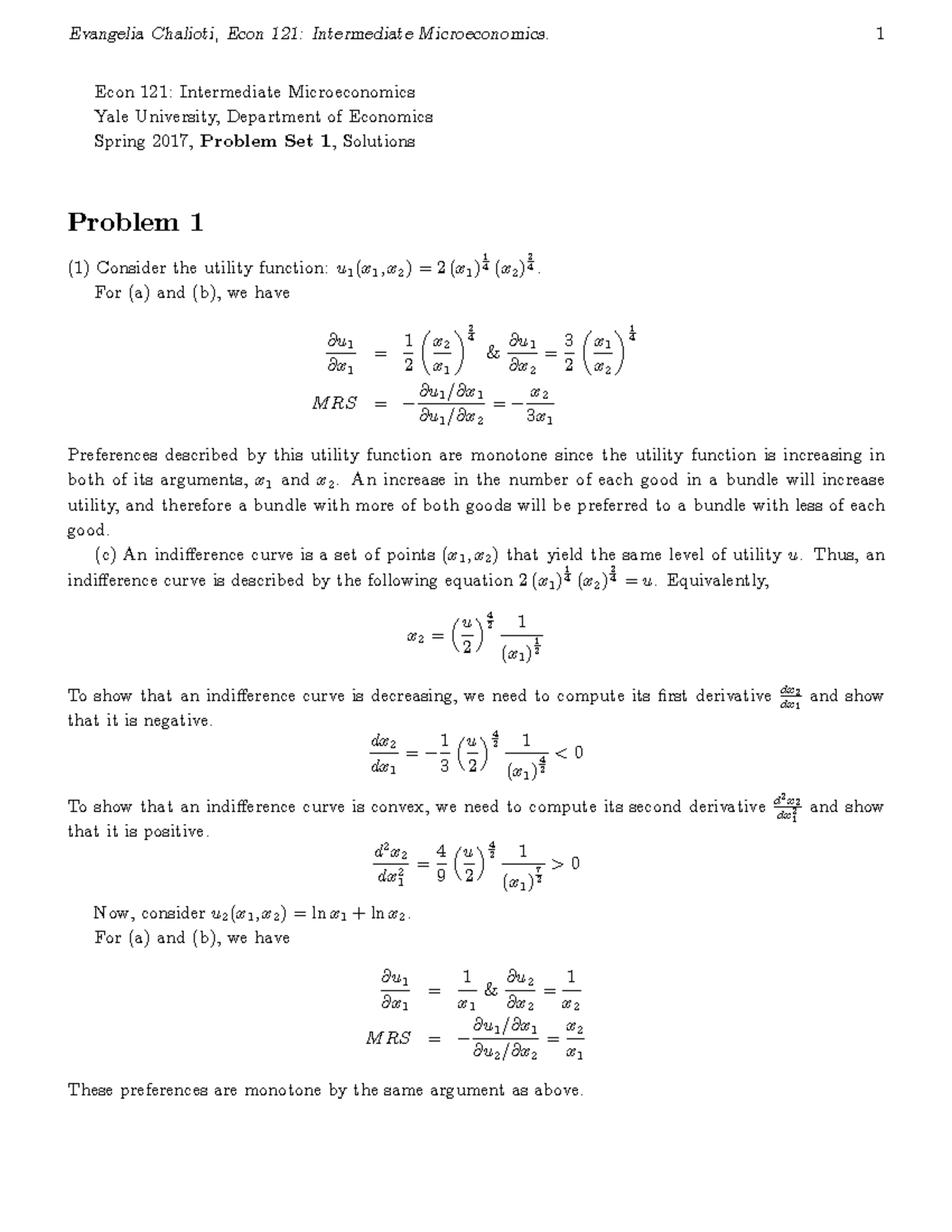 Problem Set 1 Econ121 Solutions - 1 Evangelia Chalioti, Econ 121 ...