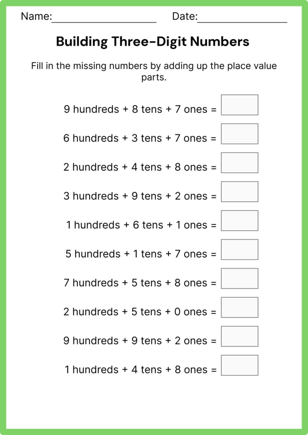 Building Three-Digit Numbers Worksheet – Version 3 - Name: Date ...