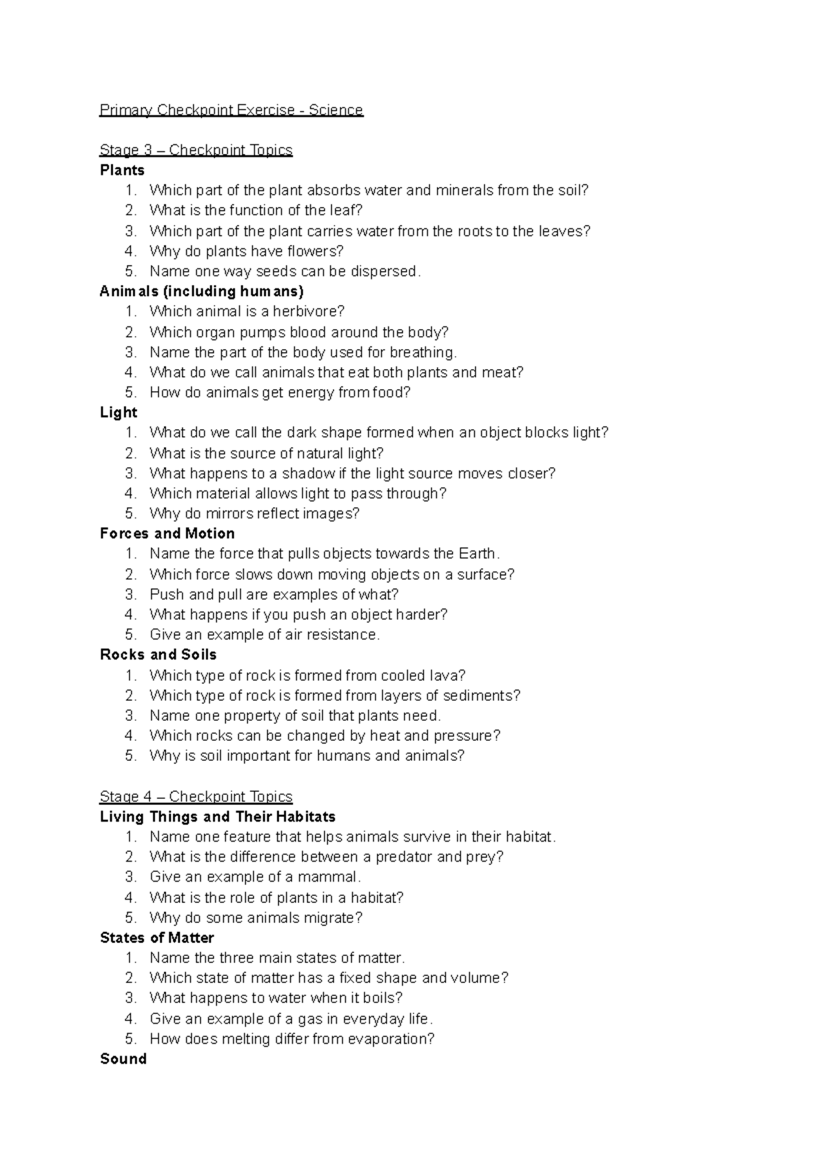 Science Checkpoint Topics: Stage 3 & 4 Overview - Studocu