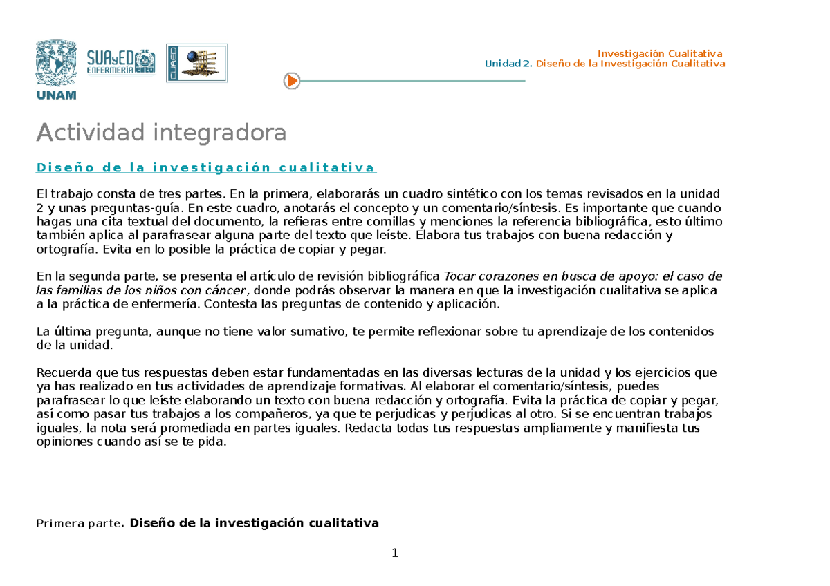 Act integ u2 - Investigación Cualitativa Unidad 2. Diseño de la Investigación Cualitativa ...