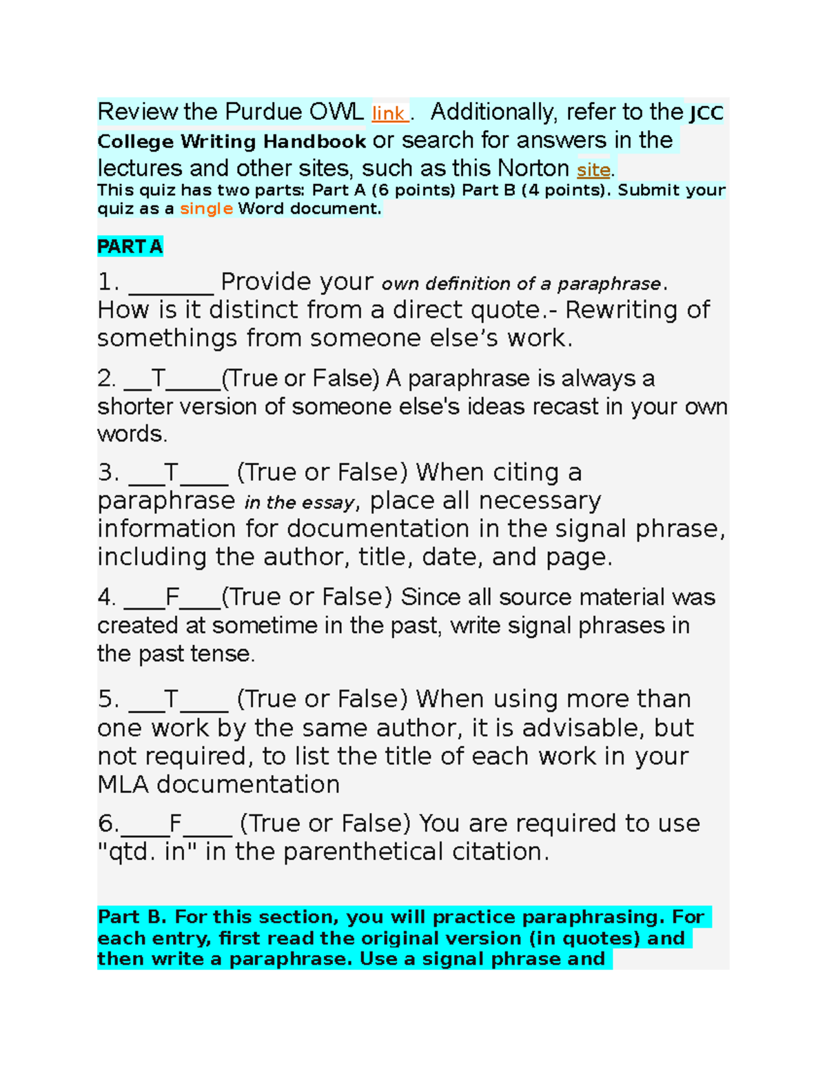 Paraphrase Quiz - ENG 101: Definitions and Practices Guide - Studocu