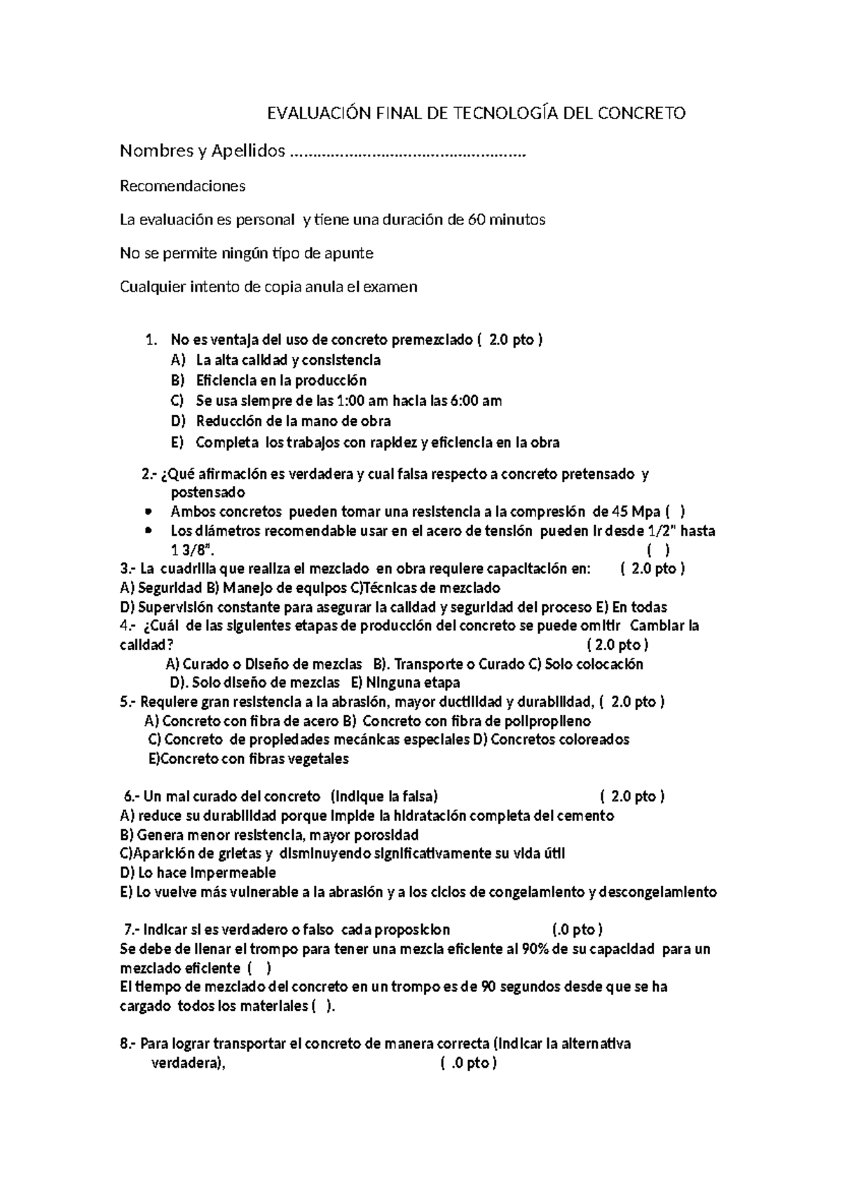 Evaluación Final de Tecnología del Concreto - Curso TEC 101 - Studocu