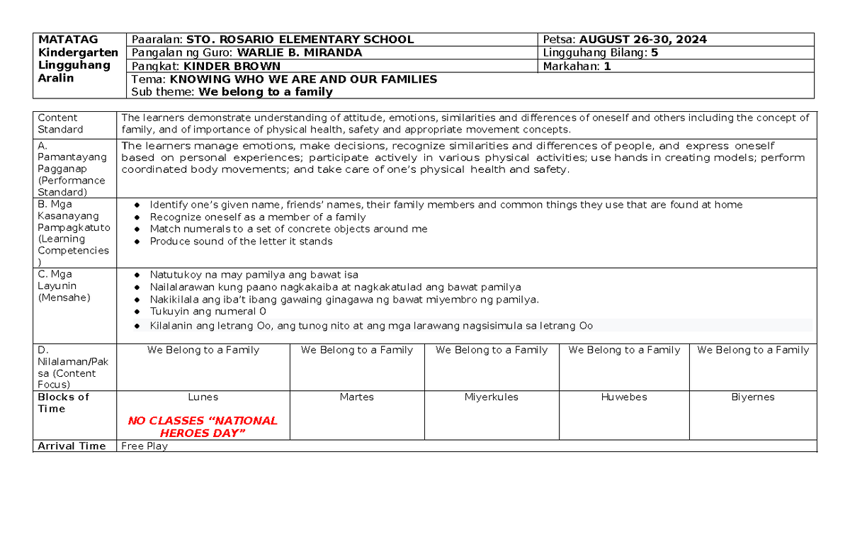 KINDERGARTEN WEEK 5 LESSON PLAN: FAMILY AND EMOTIONAL AWARENESS - Studocu
