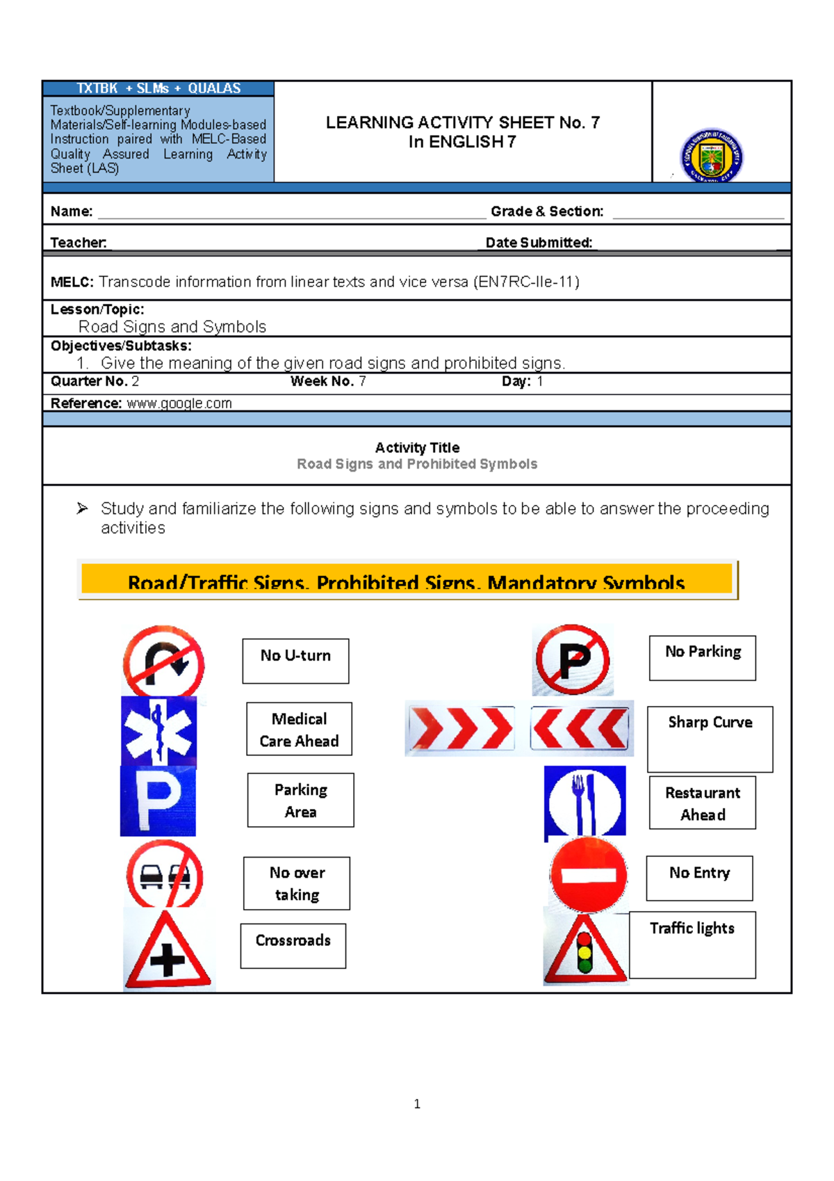 English 7-Q2-LAS-MELC7 - TXTBK + SLMs + QUALAS LEARNING ACTIVITY SHEET No. 7 In ENGLISH 7 - Studocu