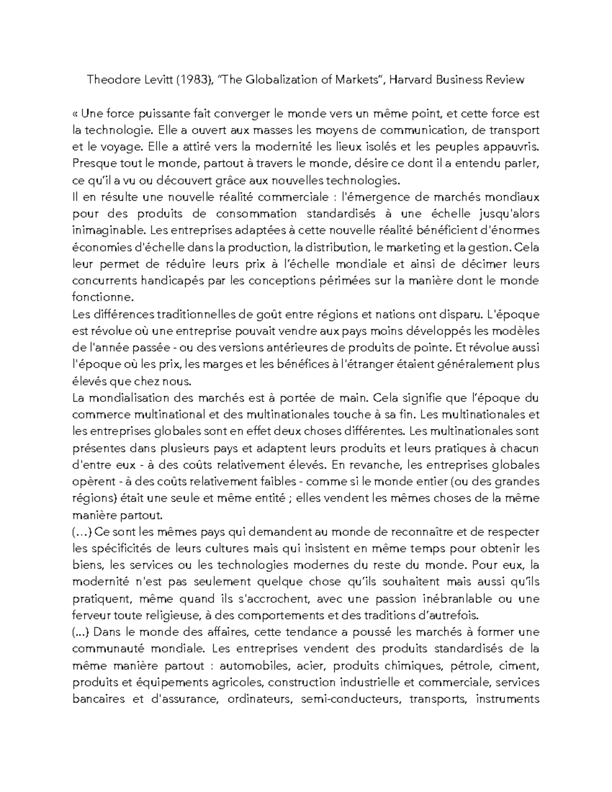 Analyse de "The Globalization of Markets" par Levitt - DRT Inter - Studocu