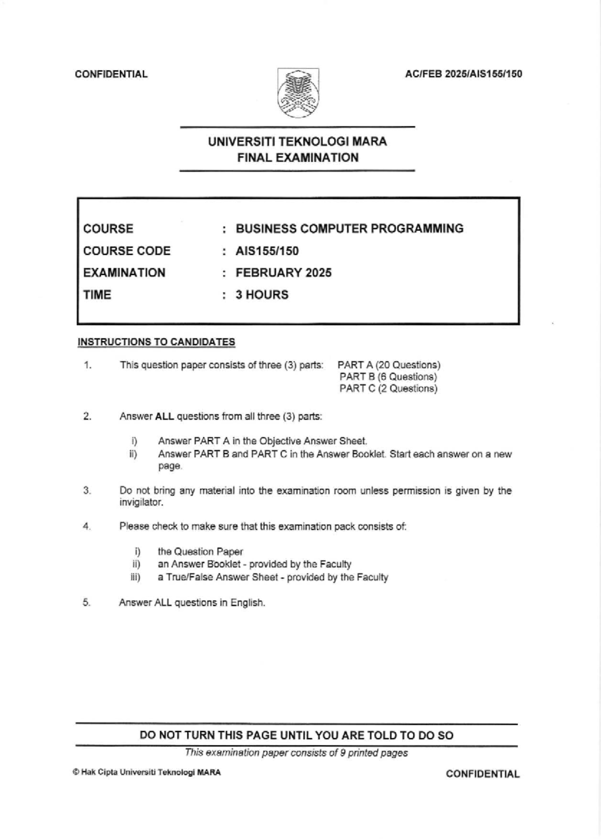 AIS155 Business Computer Programming Final Exam Questions - Feb 2025 ...