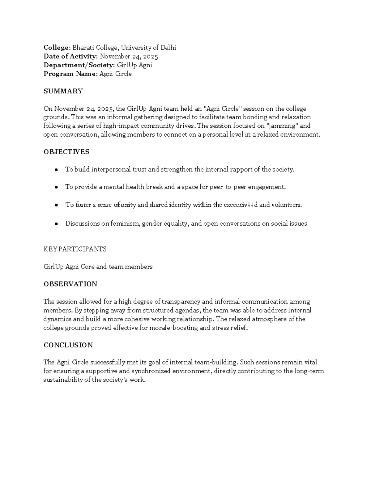 Agni Circle Report: Team Bonding Session Summary - Bharati College ...