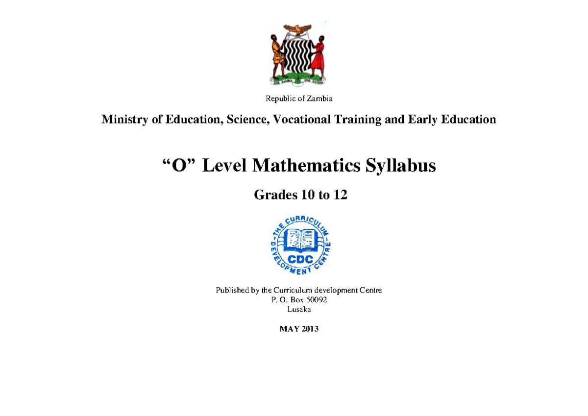 Finalised O Level Maths Syllabus (Grades 10-12) - 2013 Edition - Studocu