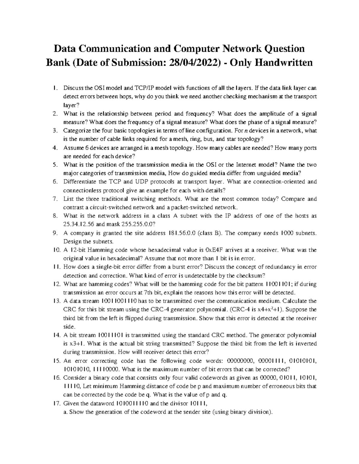 Data Comm & Computer Network QBank - Assignment Overview - Studocu