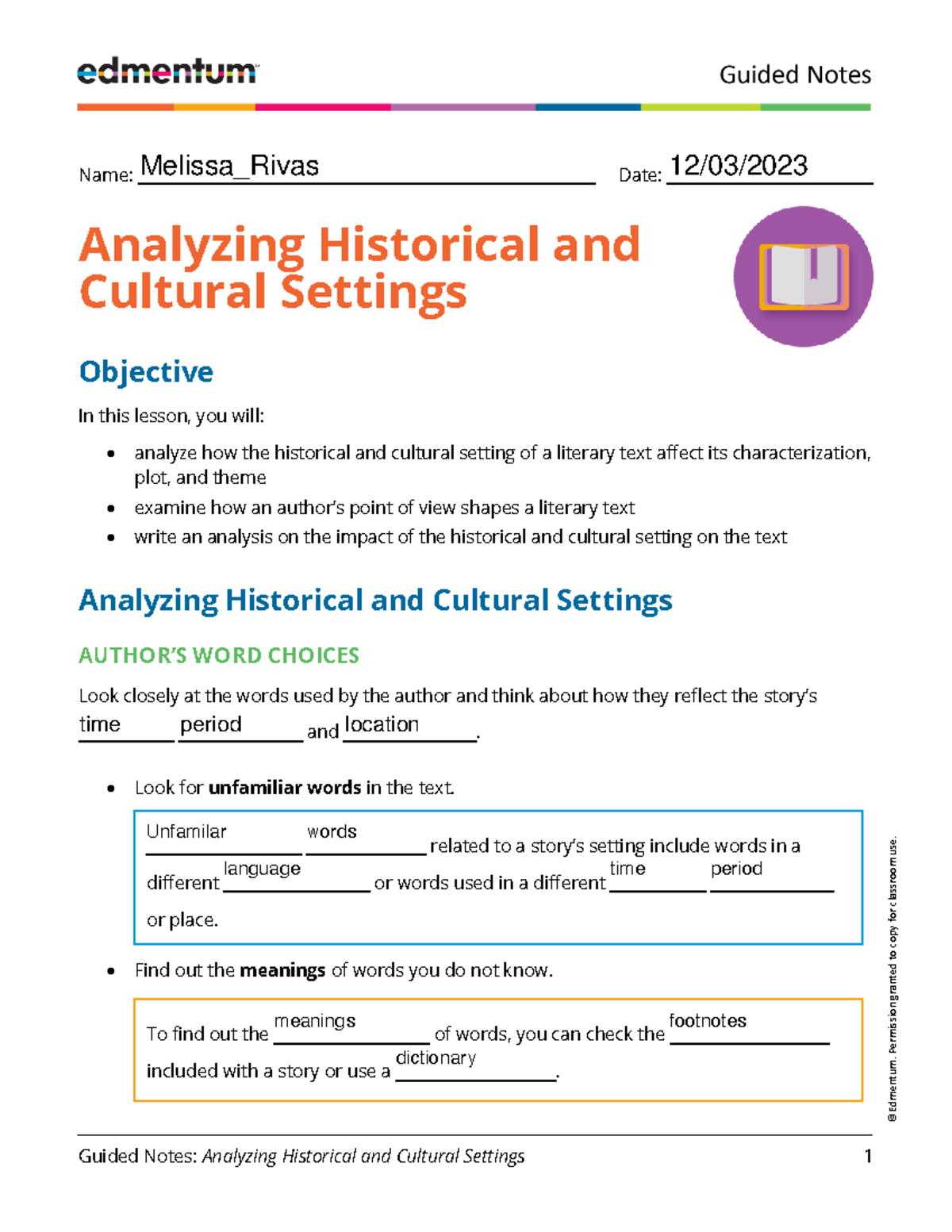 Analyzing Historical & Cultural Settings: Guided Notes for Literary ...