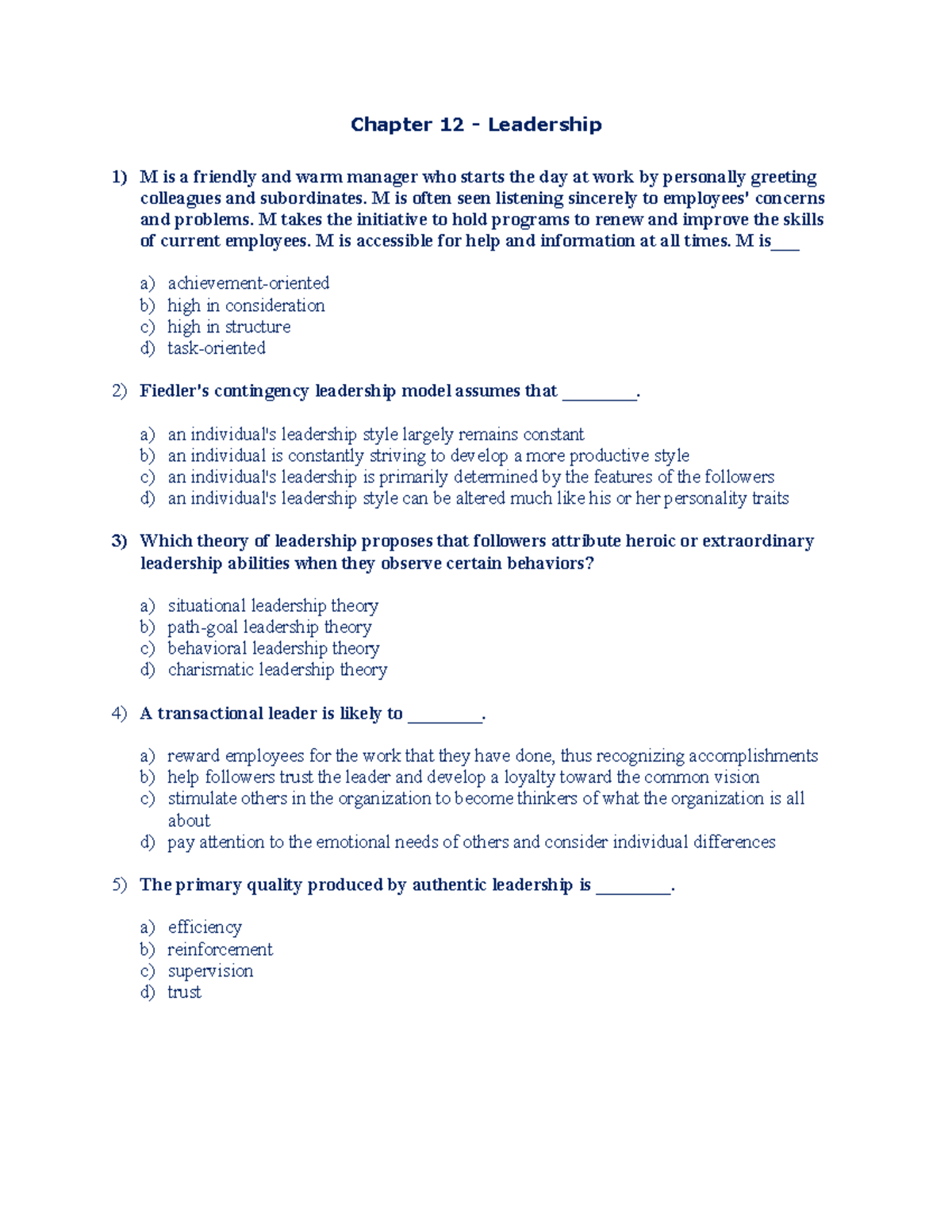 Chapter 12 MC Questions on Leadership Concepts and Theories - Studocu