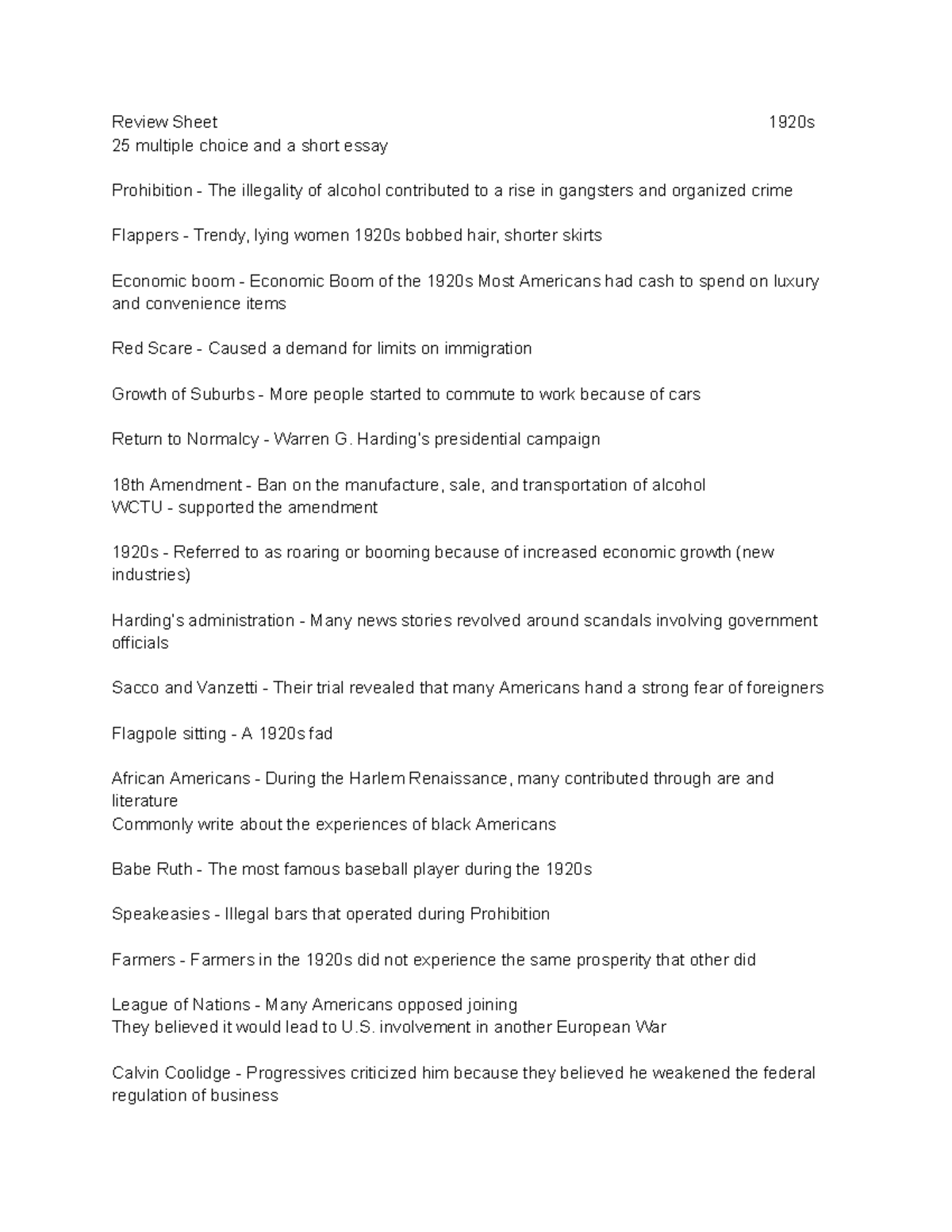Review Sheet for 1920s History Exam (MCQ & Essay) - Review Sheet 1920s ...