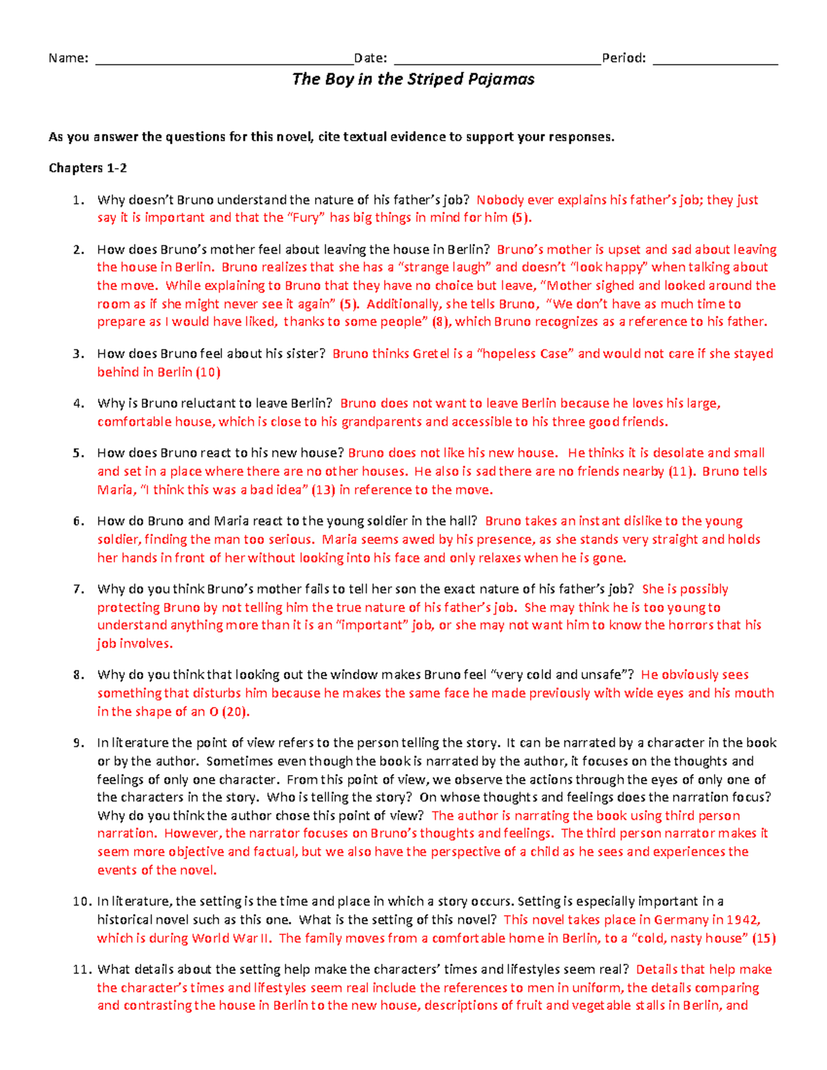 Boy in the Striped Pajamas: Questions & Answers with Evidence (Chapters ...