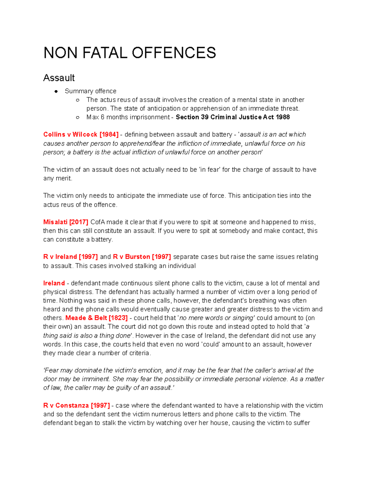 Non Fatal Offences - NON FATAL OFFENCES Assault Summary offence The actus reus of assault - Studocu