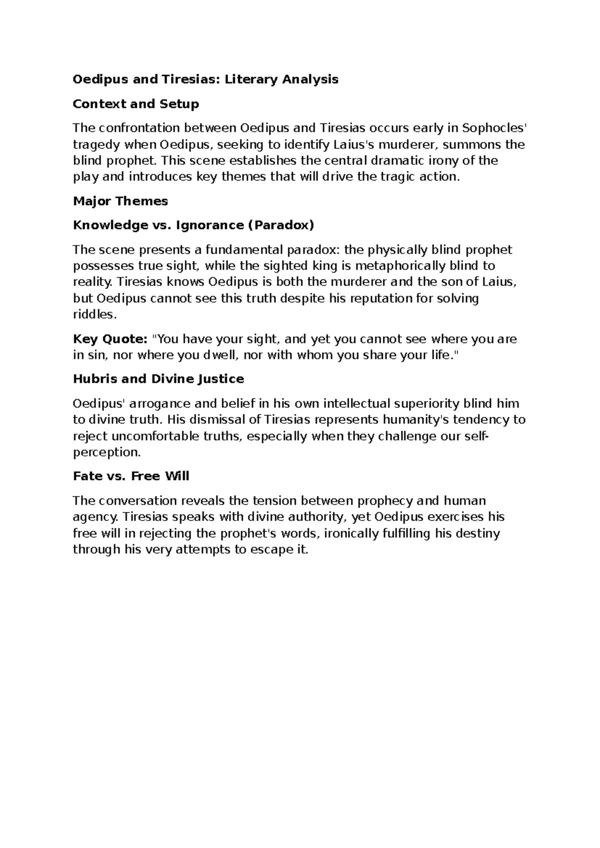 Oedipus and Tiresias: Literary Analysis Notes (ENG 101) - Studocu