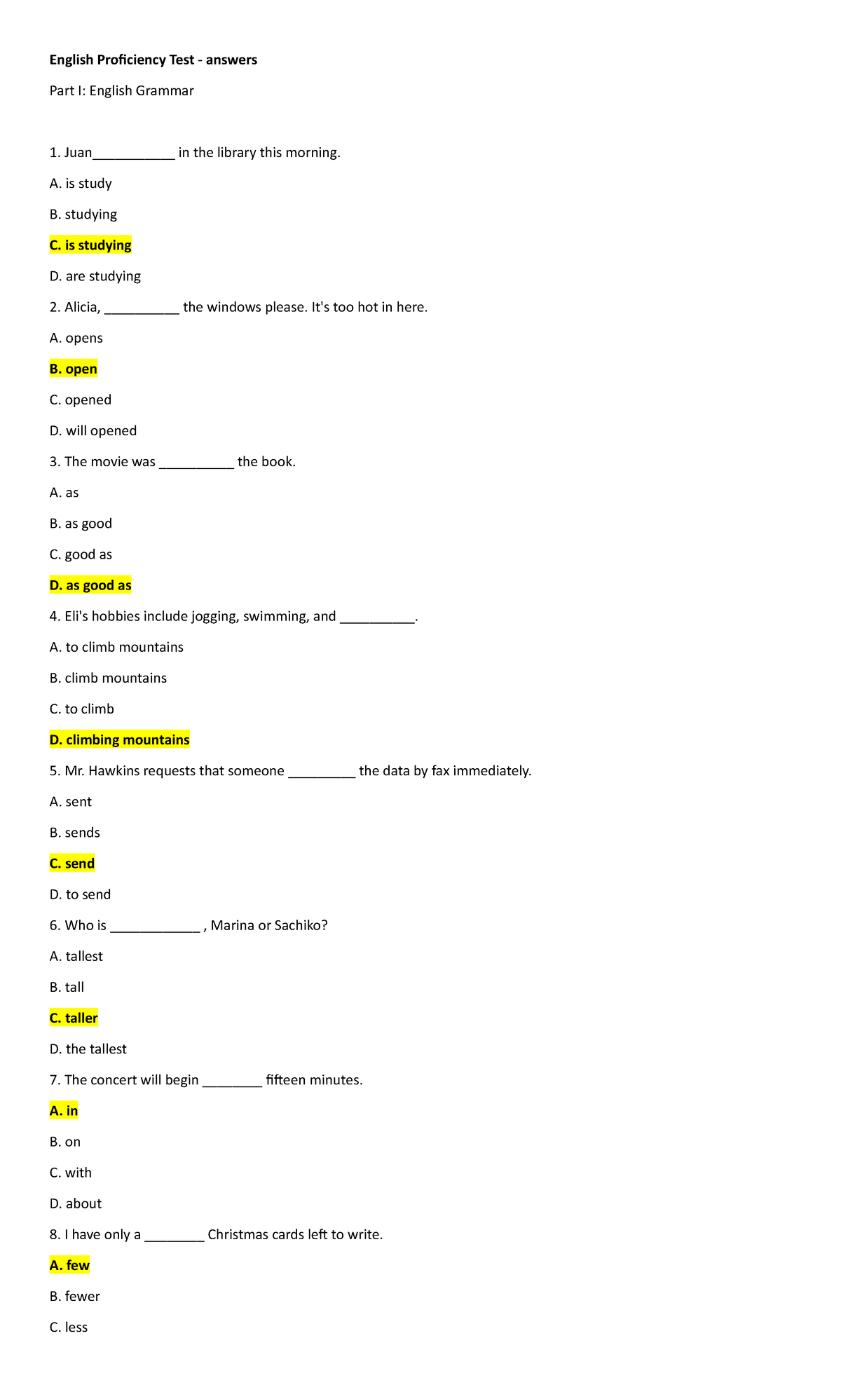 English Proficiency Test 1 - Answer Key and Grammar Practice - Studocu
