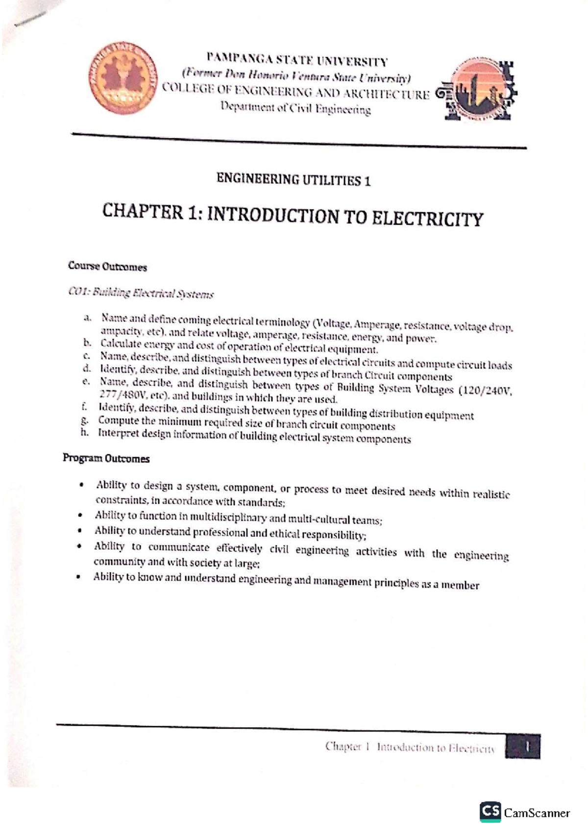 CS ENGINEERING UTILITIES 1 Chapter 1: Intro to Electricity and Circuits - Studocu