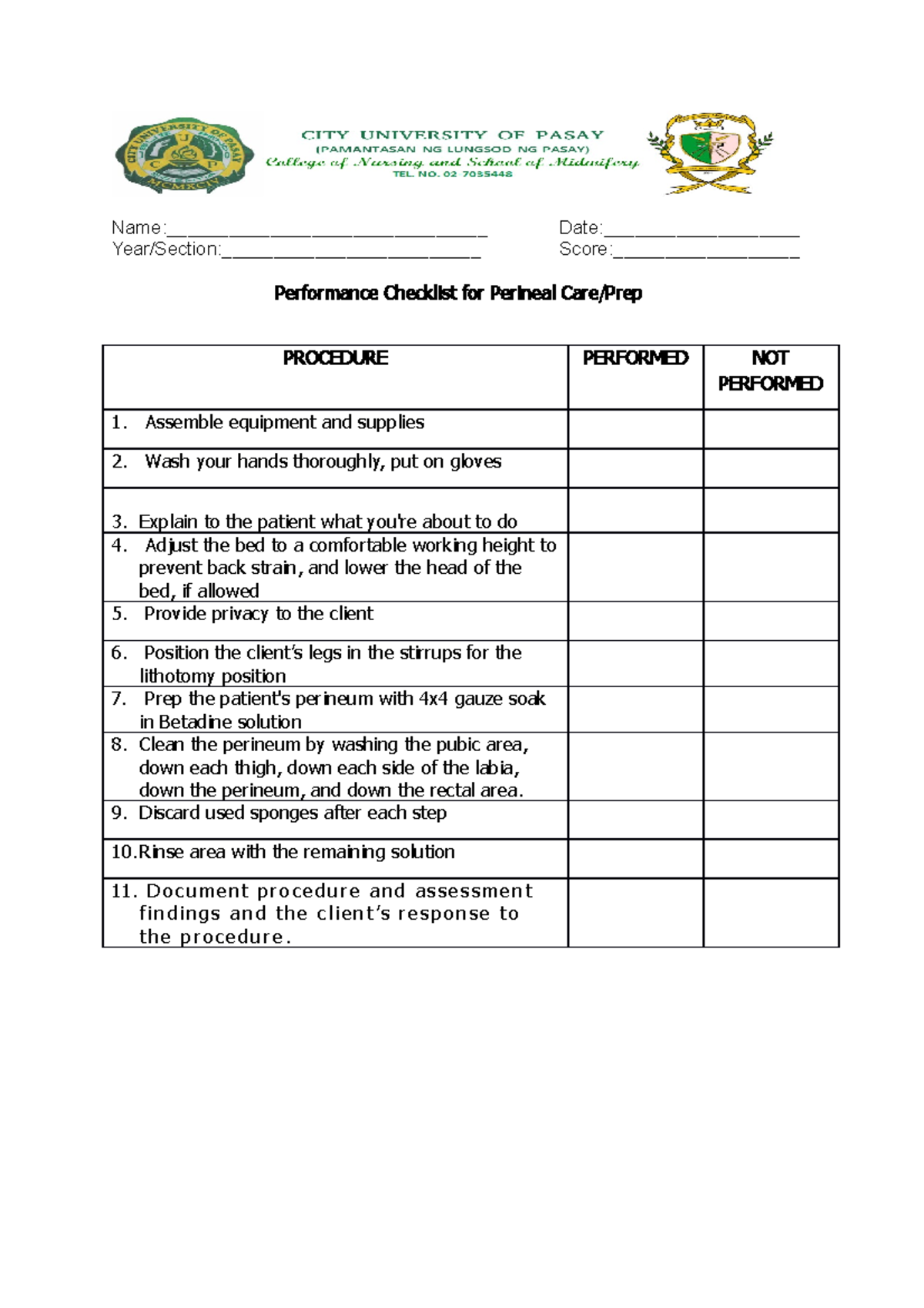 Perineal Care Prep: Performance Checklist for Nursing Practice - Studocu
