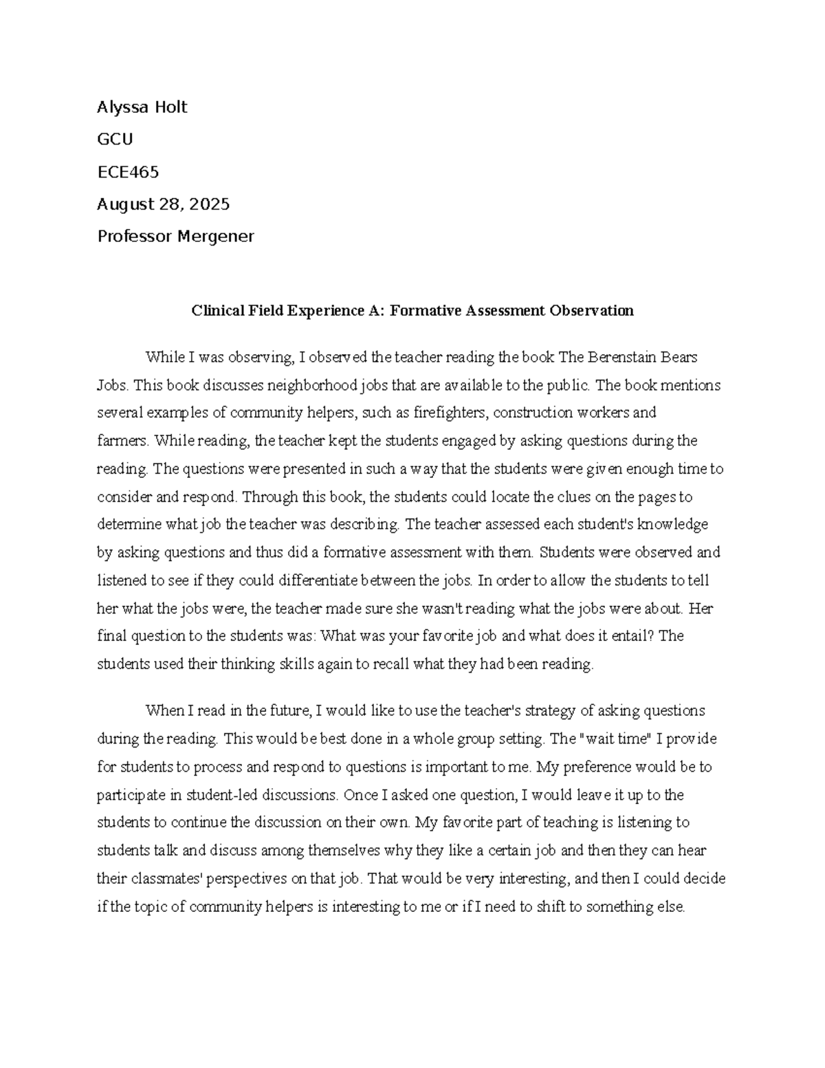 GCU ECE465 Clinical Field Experience A: Formative Assessment Insights ...