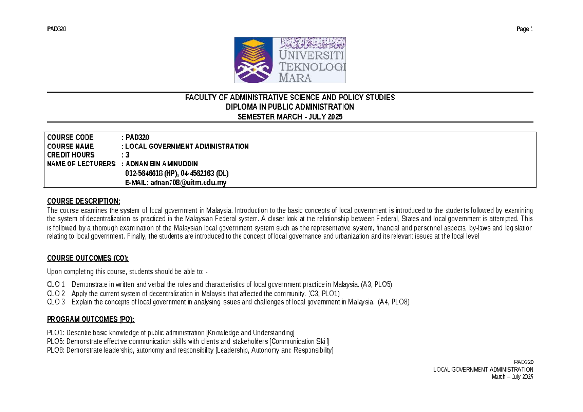 PAD320 Local Government Administration Course Overview and Topics (Mar ...