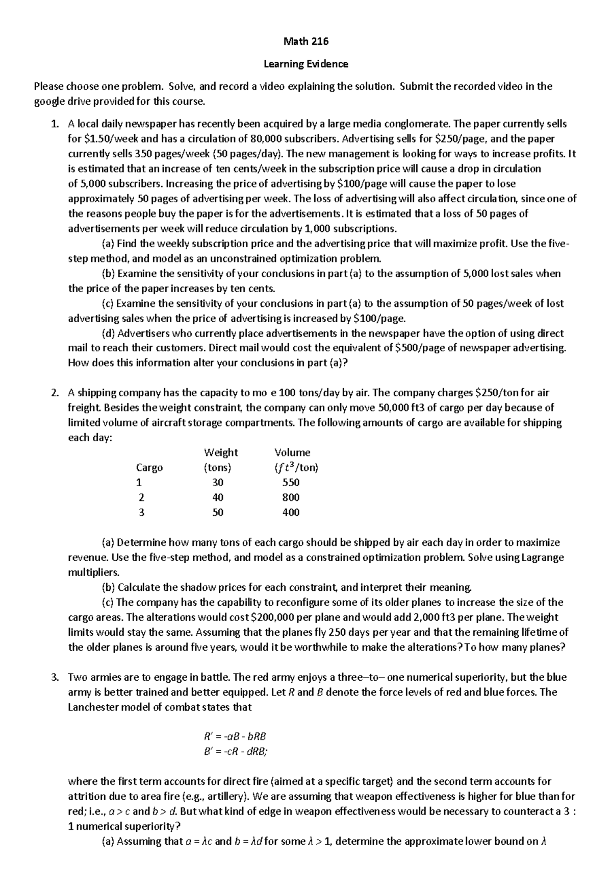 Math 216 Final Exam: Optimizing Subscription and Advertising Prices ...