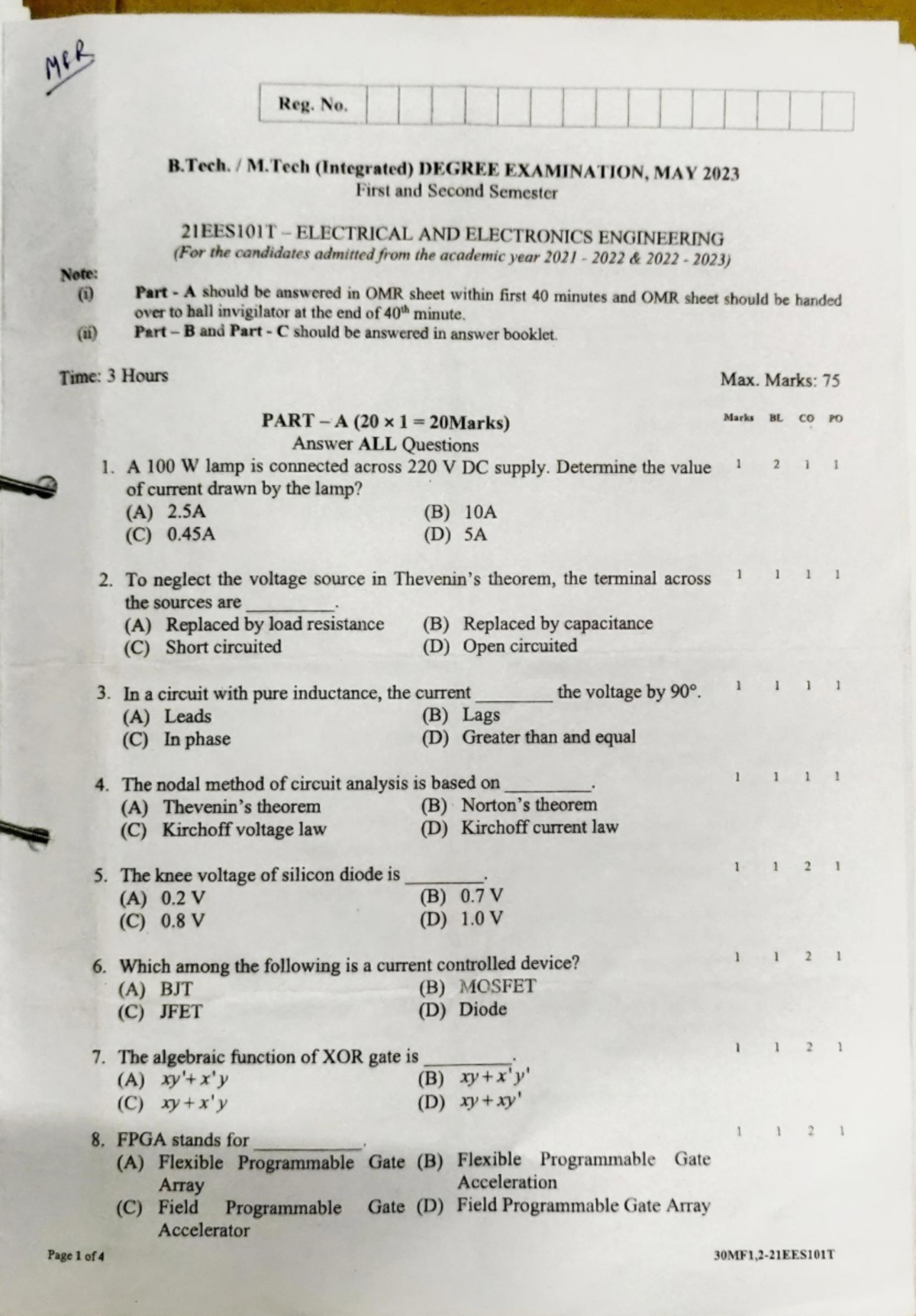 EEE 21EES101T - 2nd Sem Electrical Engineering PYQ, May 2023 - Studocu