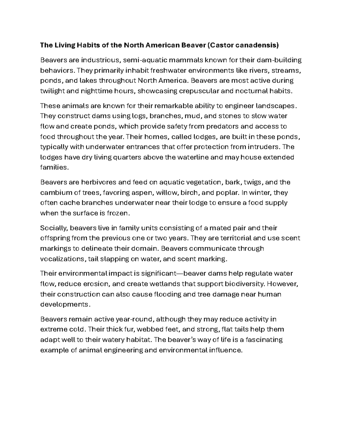 The Ecological Role and Behavior of North American Beavers (C ...