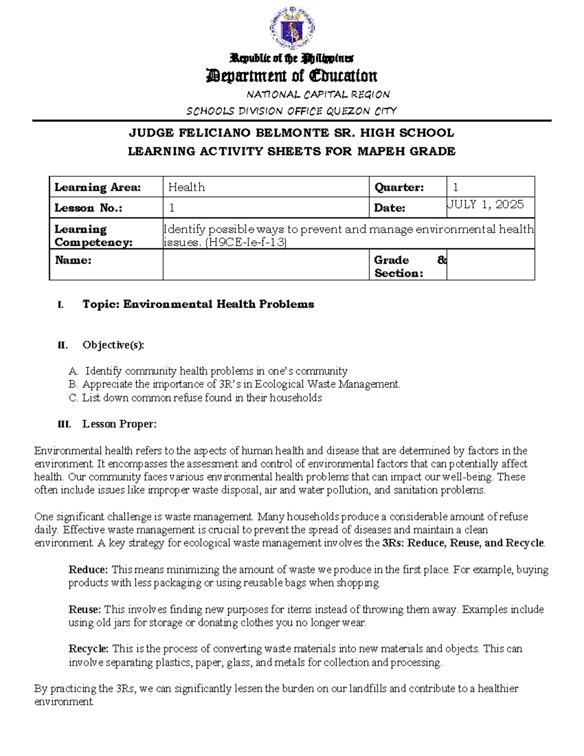 MAPEH GRADE 1 Lesson 1: Environmental Health Issues and Management ...