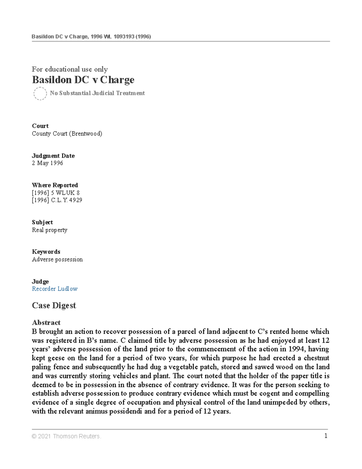 Basildon DC v Charge Case Summary - Key Details & Judicial Notes - Studocu