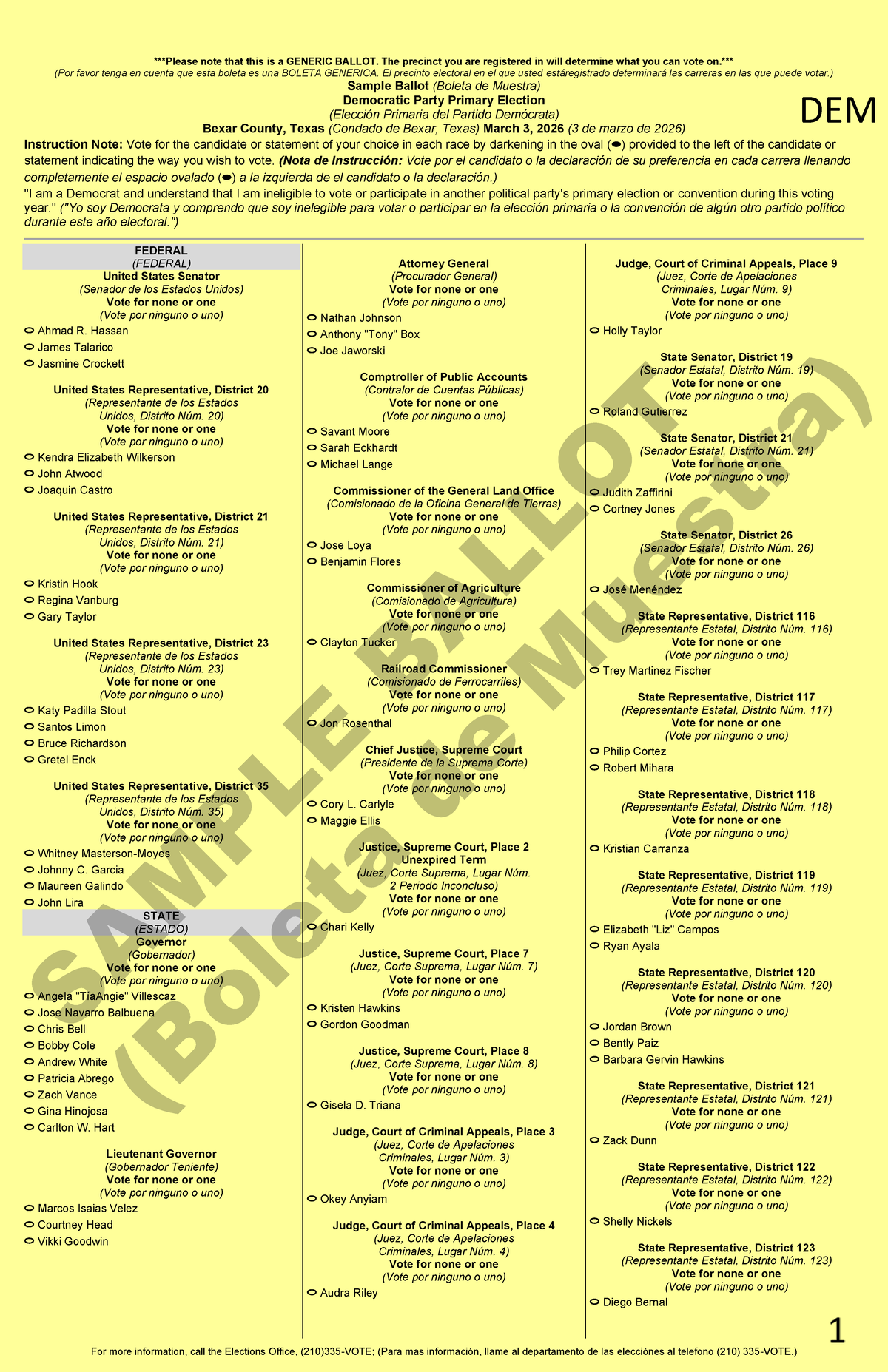 Generic Sample Ballot for Democratic Party Primary Election 2026 - Studocu