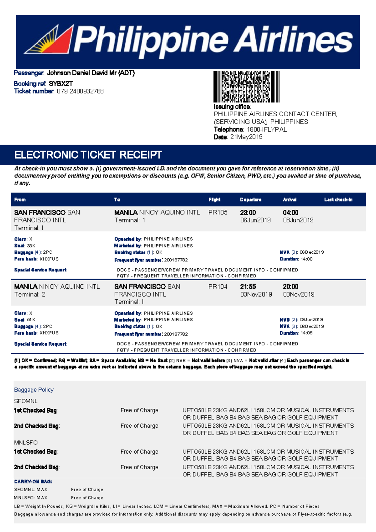 Electronic Ticket Receipt for Flight PR105: San Francisco to Manila ...