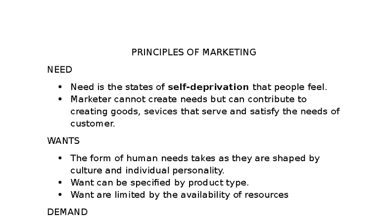 Principles of Marketing: Understanding Needs, Wants, and Demand - Studocu