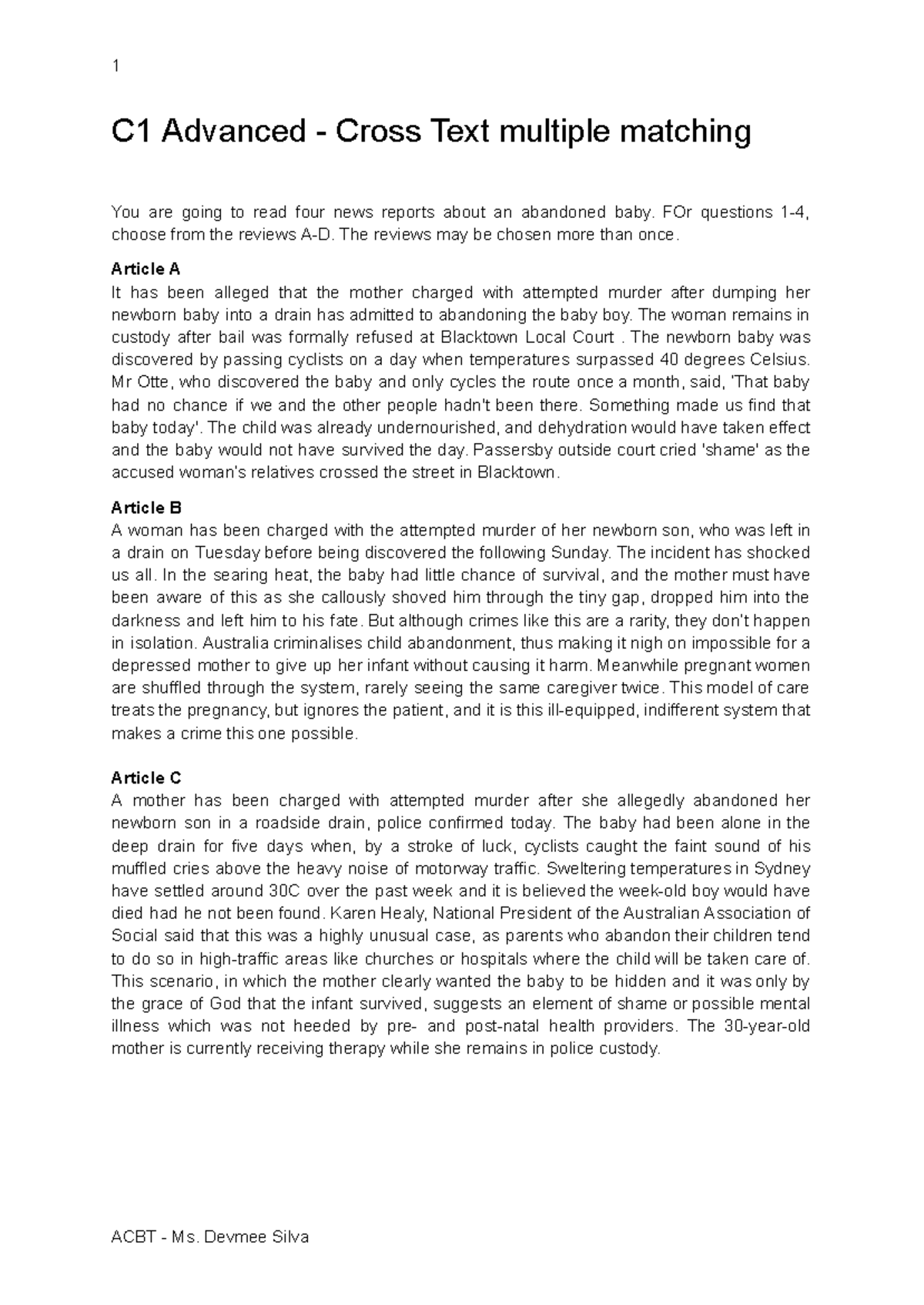 C1 Advanced - Cross Text Multiple Matching Analysis - Studocu