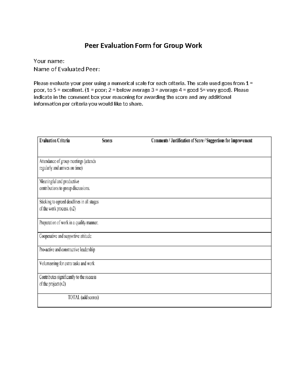 Peer Evaluation Form for Group Work 2 - Entrepreneurship and innovation ...