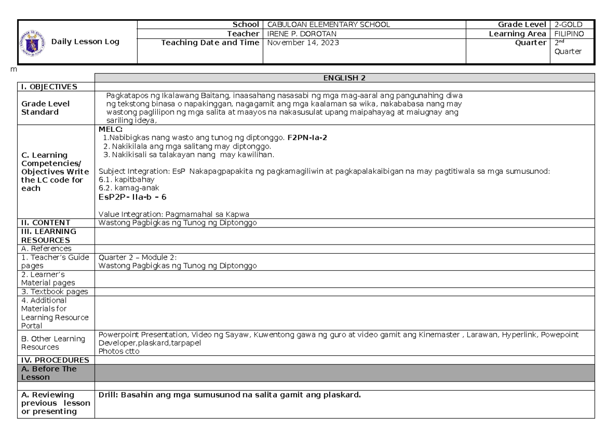 DLL FILIPINO 2nd Quarter Lesson Plan: Wastong Pagbigkas ng Diptonggo ...