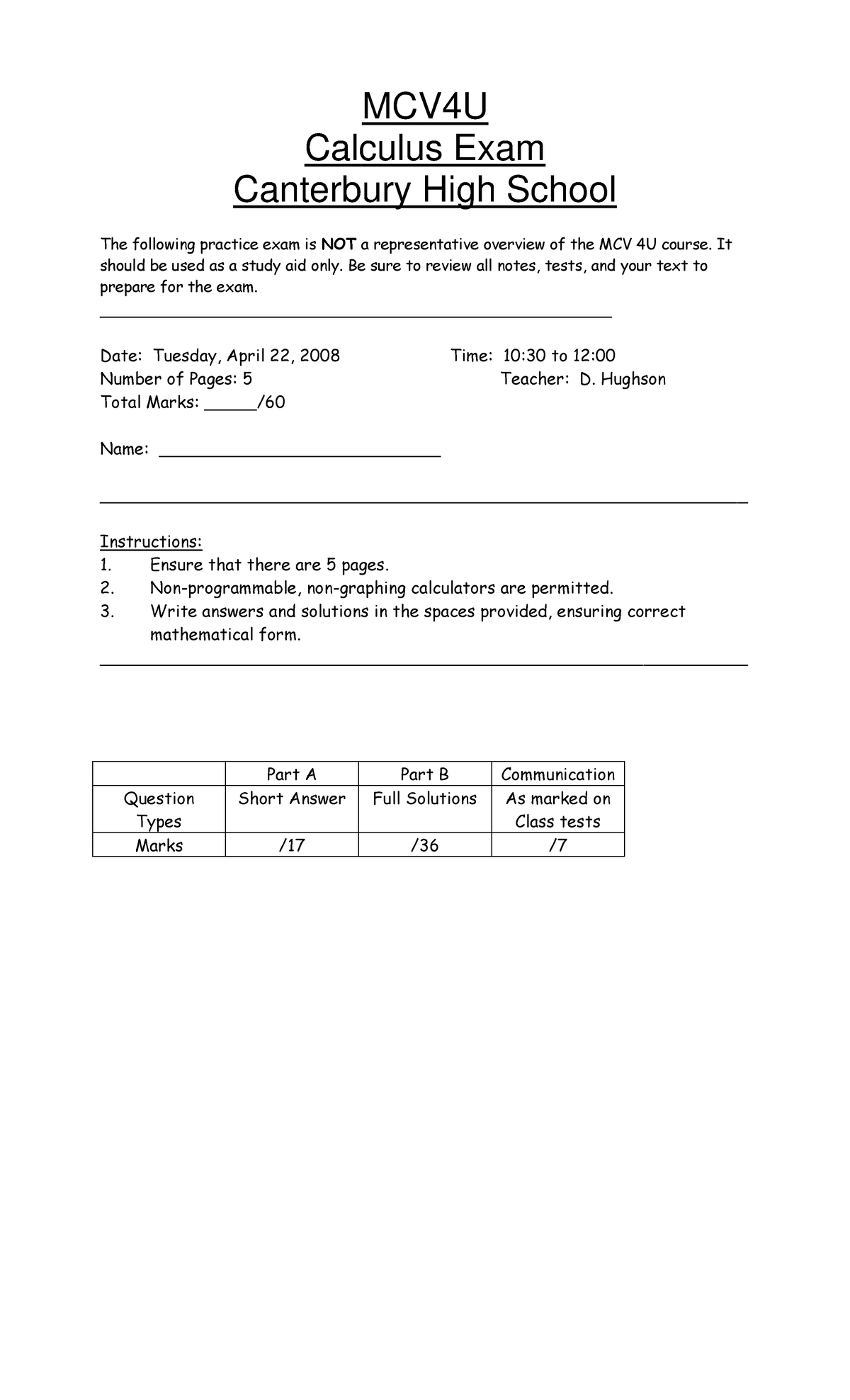 MCV4U Calculus Practice Exam II Solutions - Study Aid - Studocu